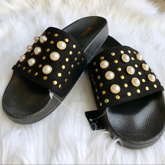 Mixit | Shoes | Black And Gold Pearl Slides | Poshmark